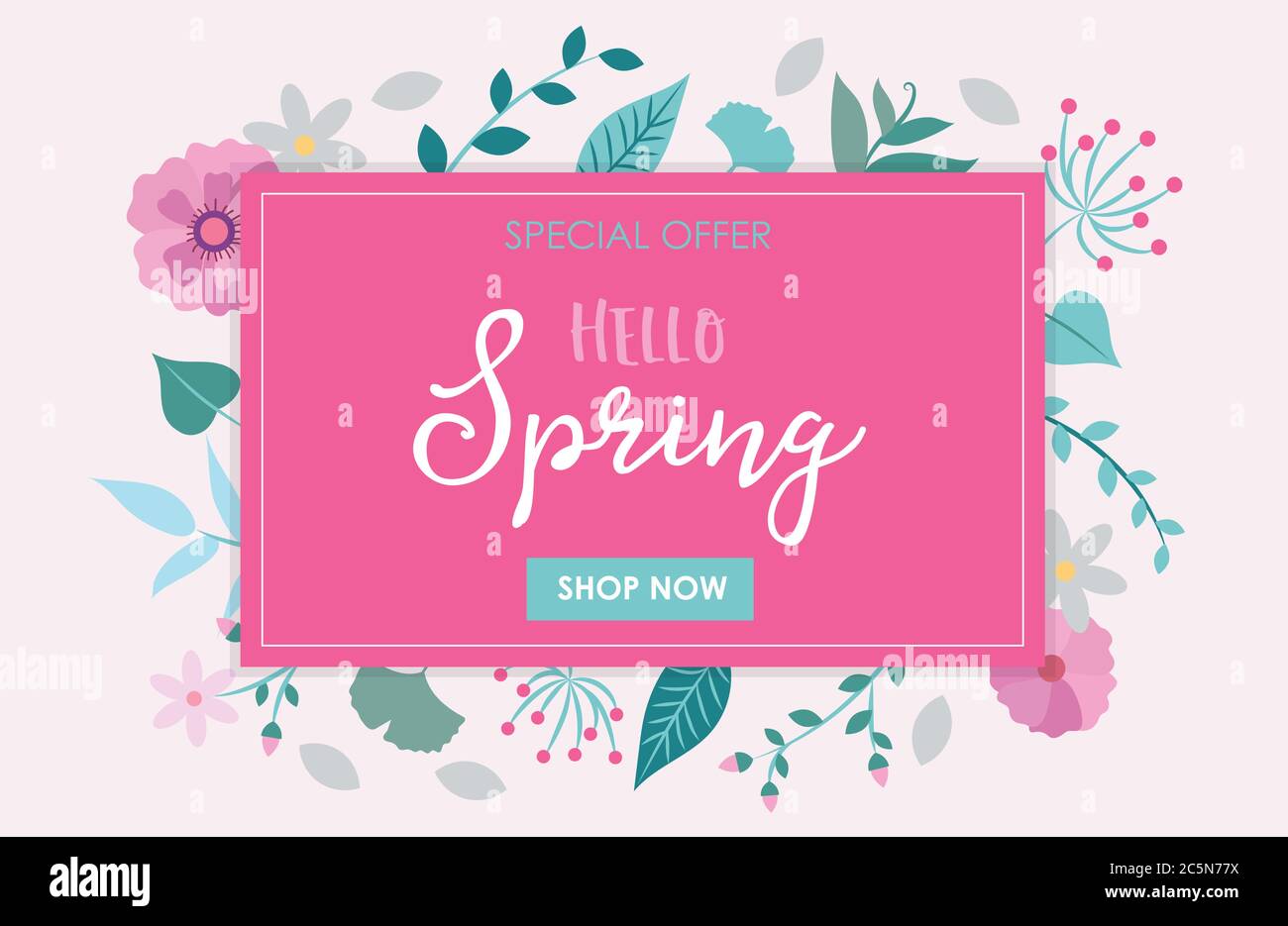 Hello spring - vector illustration with flowers and leaves and ...