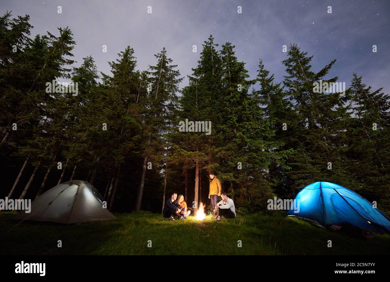 Campfire in between night and dark forest hi-res stock photography and ...