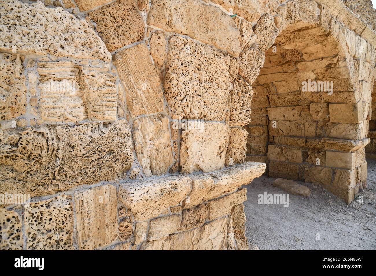 The ruins of the ancient Roman Aqueduct in city of Caesarea Maritima ...