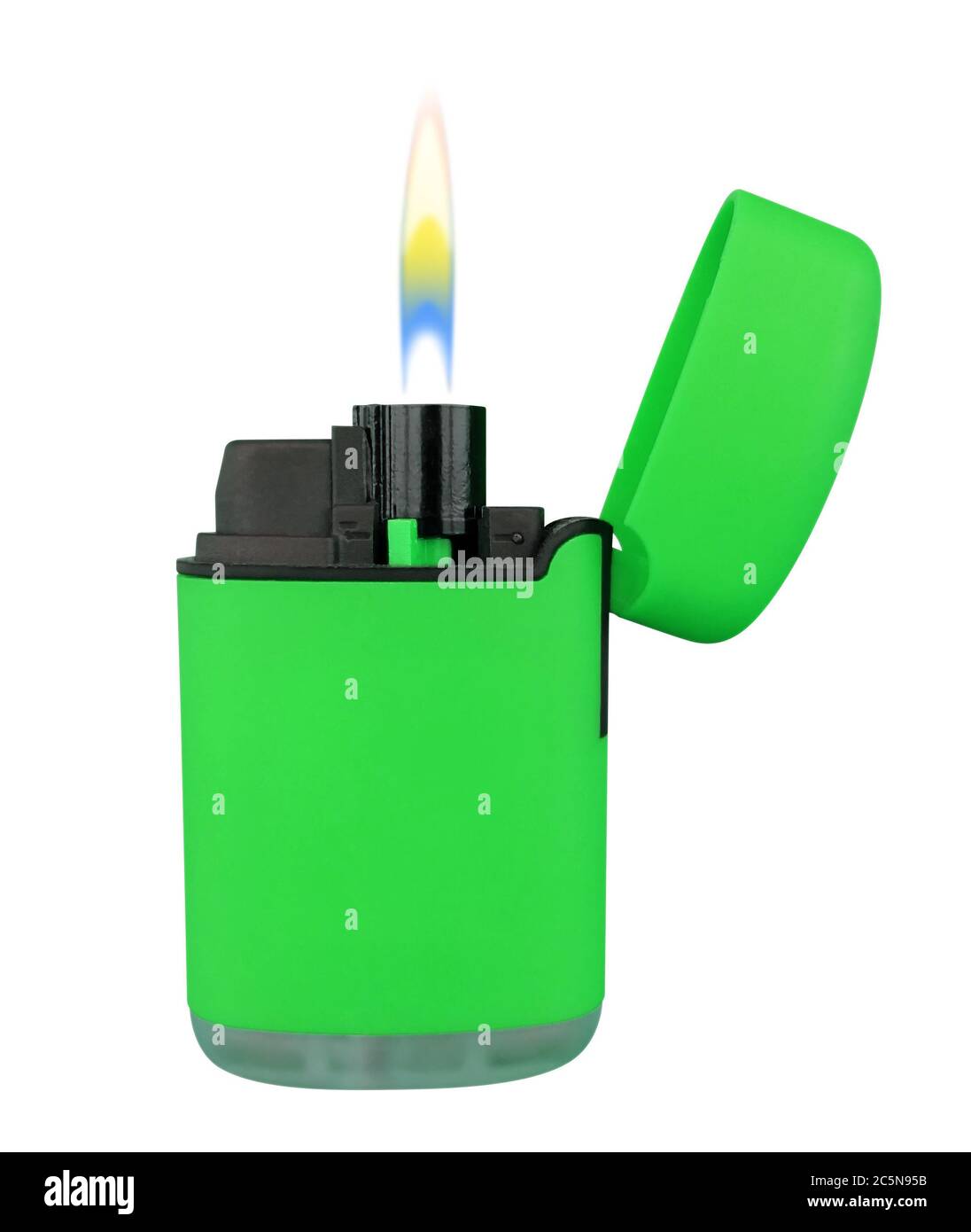 Green plastic gas lighter with flame isolated on white with Clipping ...