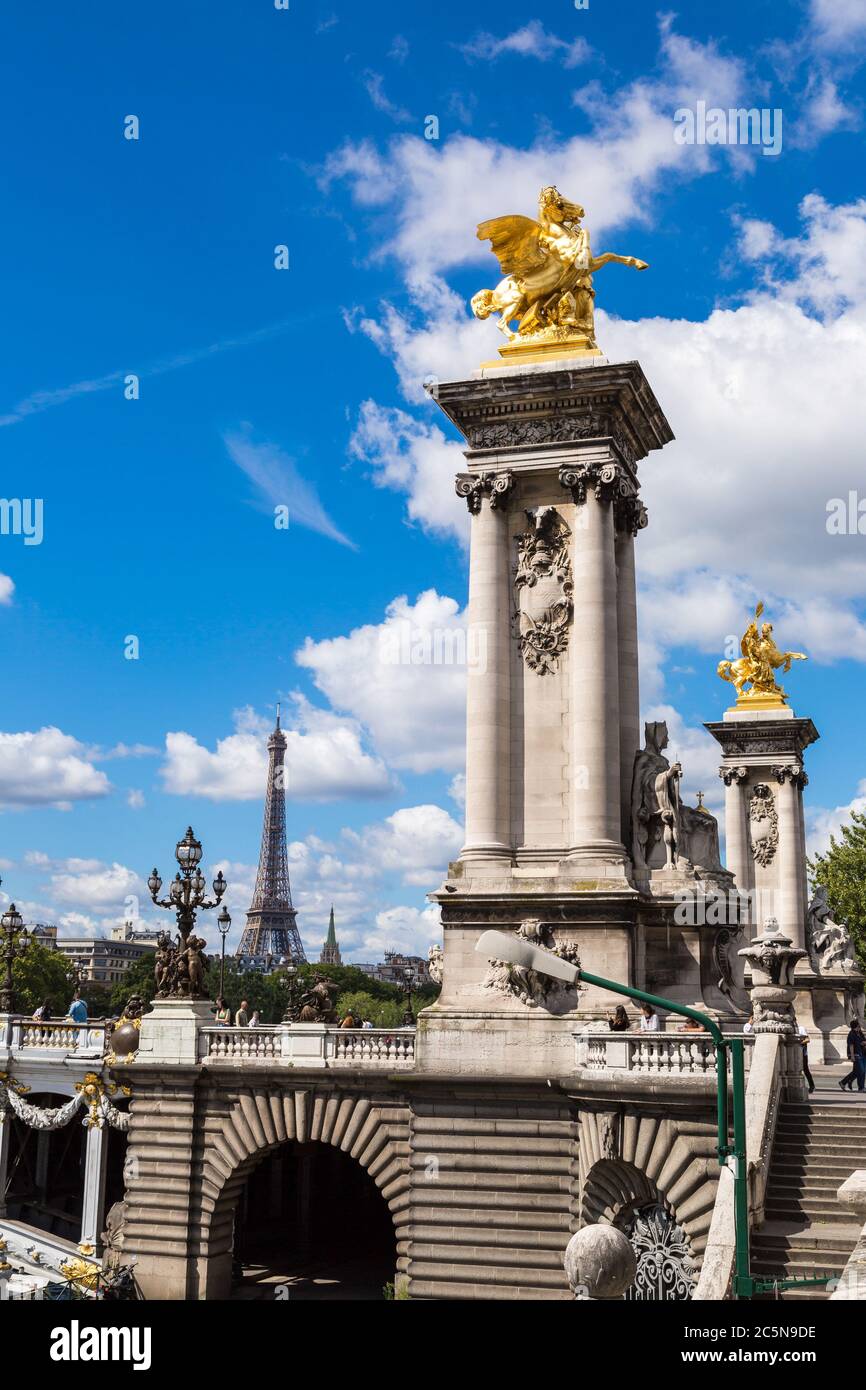 The Eiffel Tower and Pont Alexandre III at night in Paris, France Stock ...