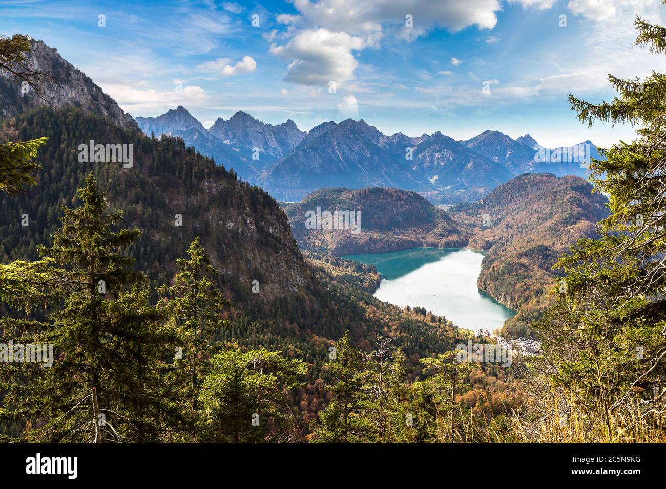 Alps and lakes in a summer day in Germany. Taken from the hill next to ...
