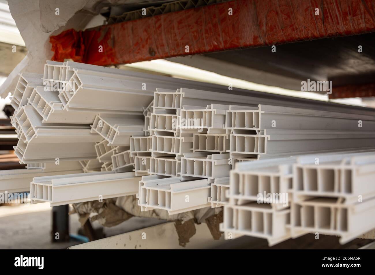 PVC plastic elements in workshop for door and window profile production ...