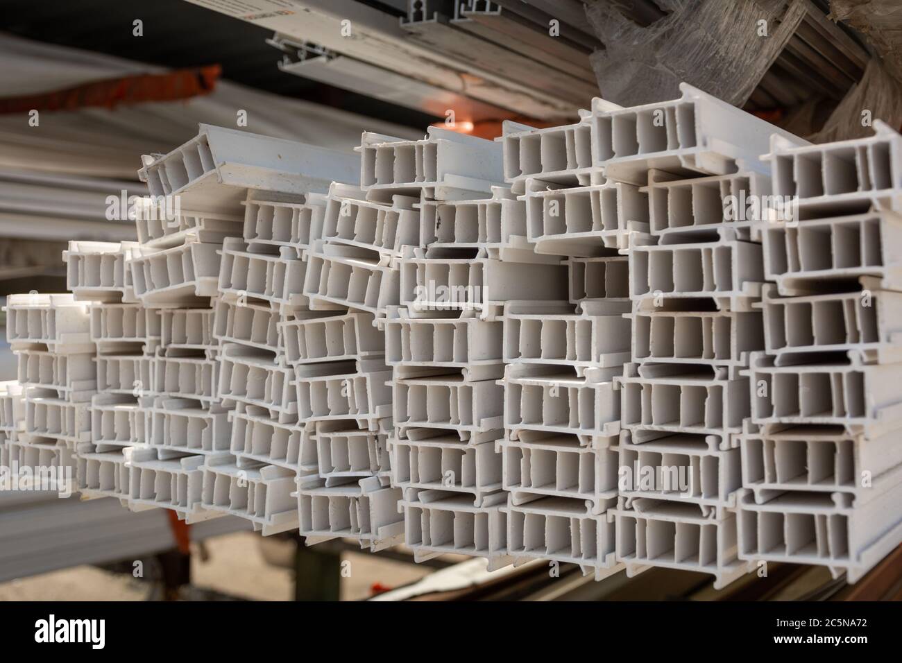 PVC plastic elements in workshop for door and window profile production ...