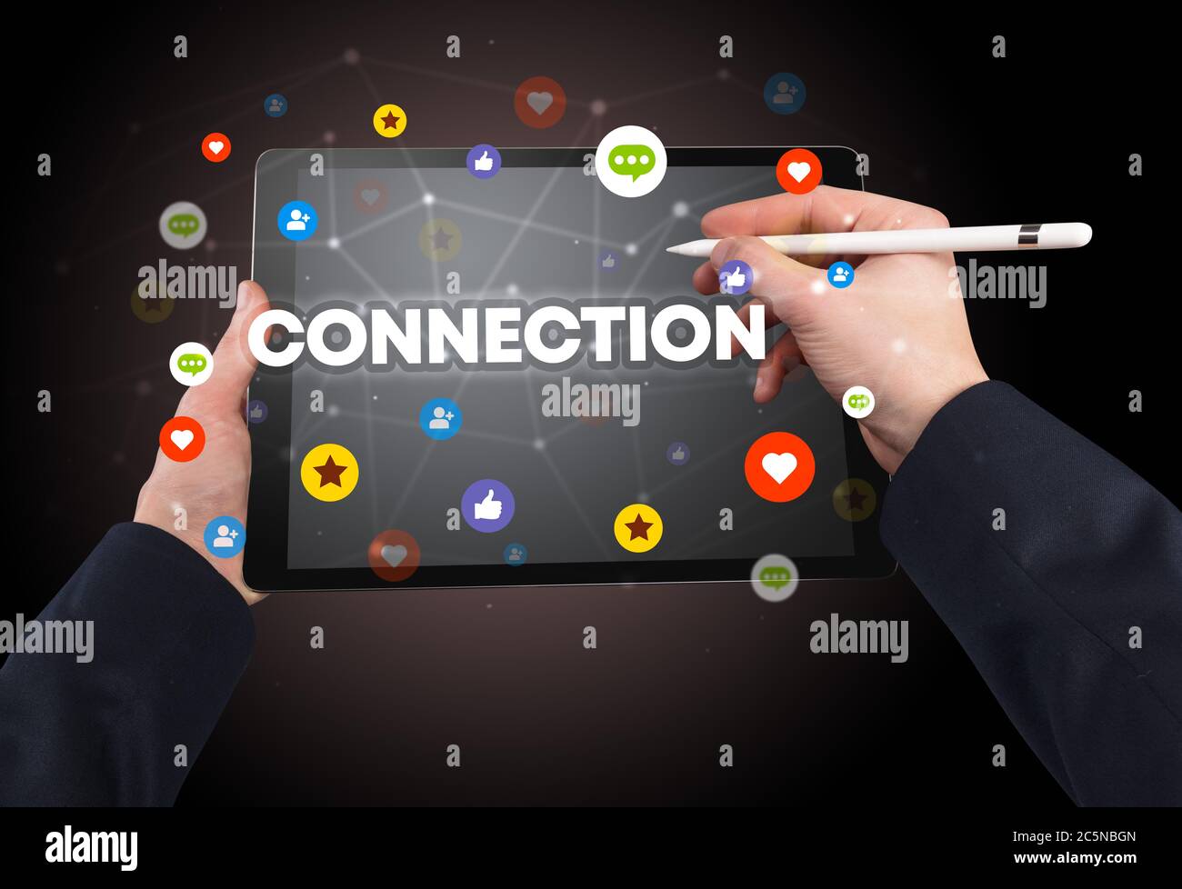 Close-up of a touchscreen with CONNECTION inscription, social ...