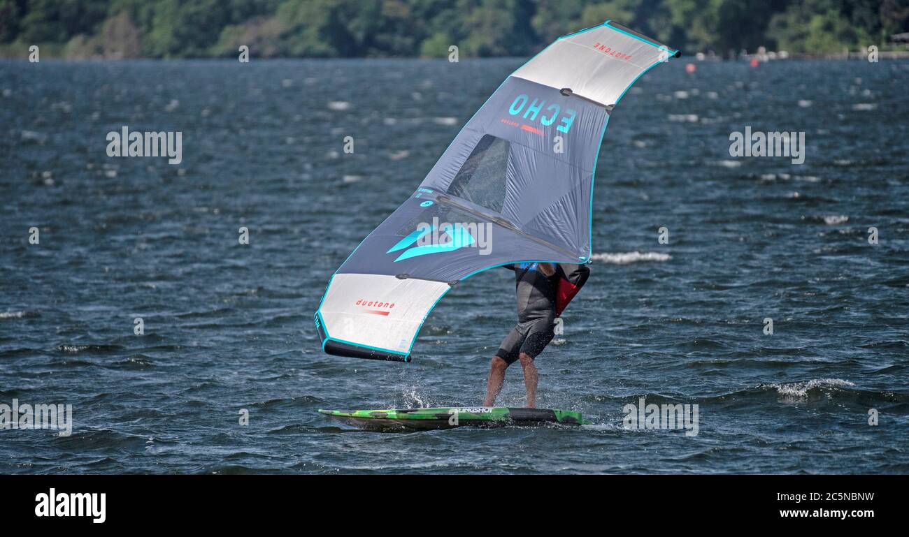 Berlin, Germany. 04th July, 2020. A wing surfer rides the waves of the ...