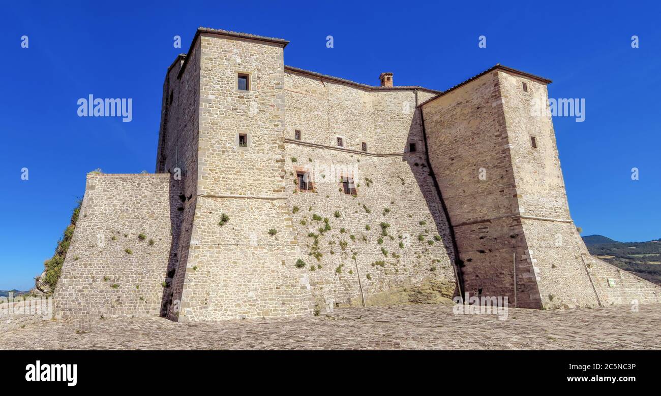 The Renaissance Fortress of San Leo, located on a rocky cliff, dates ...