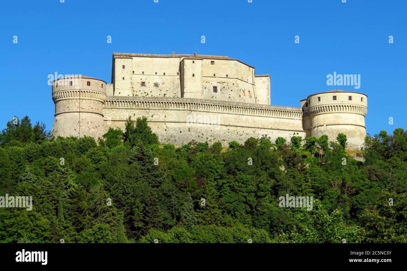 The Renaissance Fortress of San Leo, located on a rocky cliff, dates ...