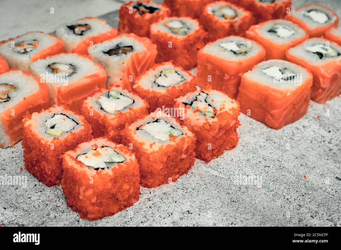 Traditional Japanese food, sushi and rolls. Ginger and wasabi, Chinese ...