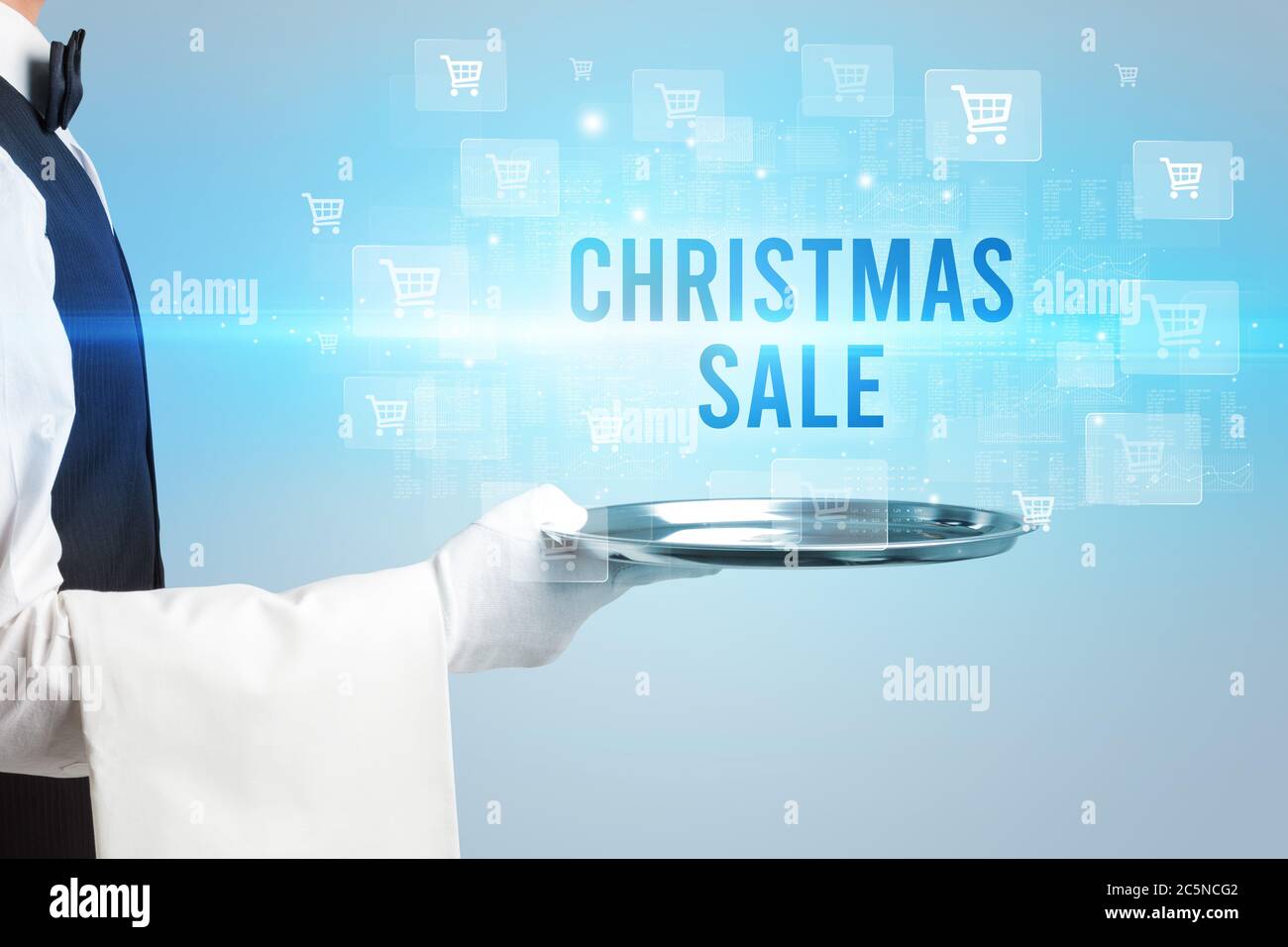 Waiter serving CHRISTMAS SALE inscription, online shopping concept ...