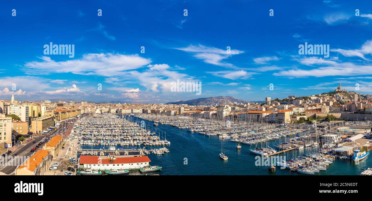 Aerial panoramic view on basilica of Notre Dame de la Garde and old ...