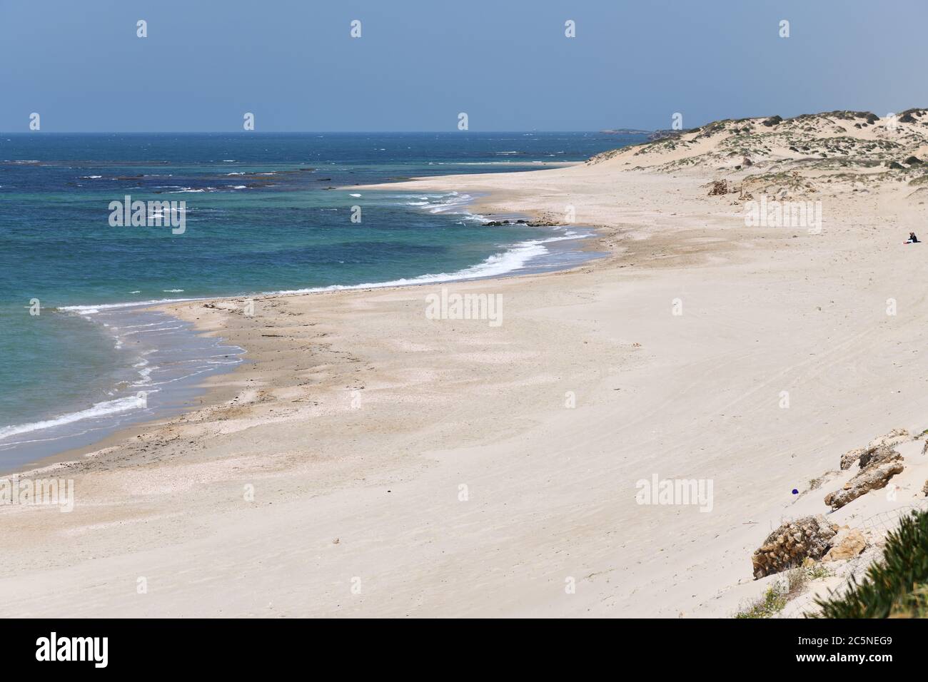The famous beach nearby ruins of the ancient Roman Aqueduct in city of ...
