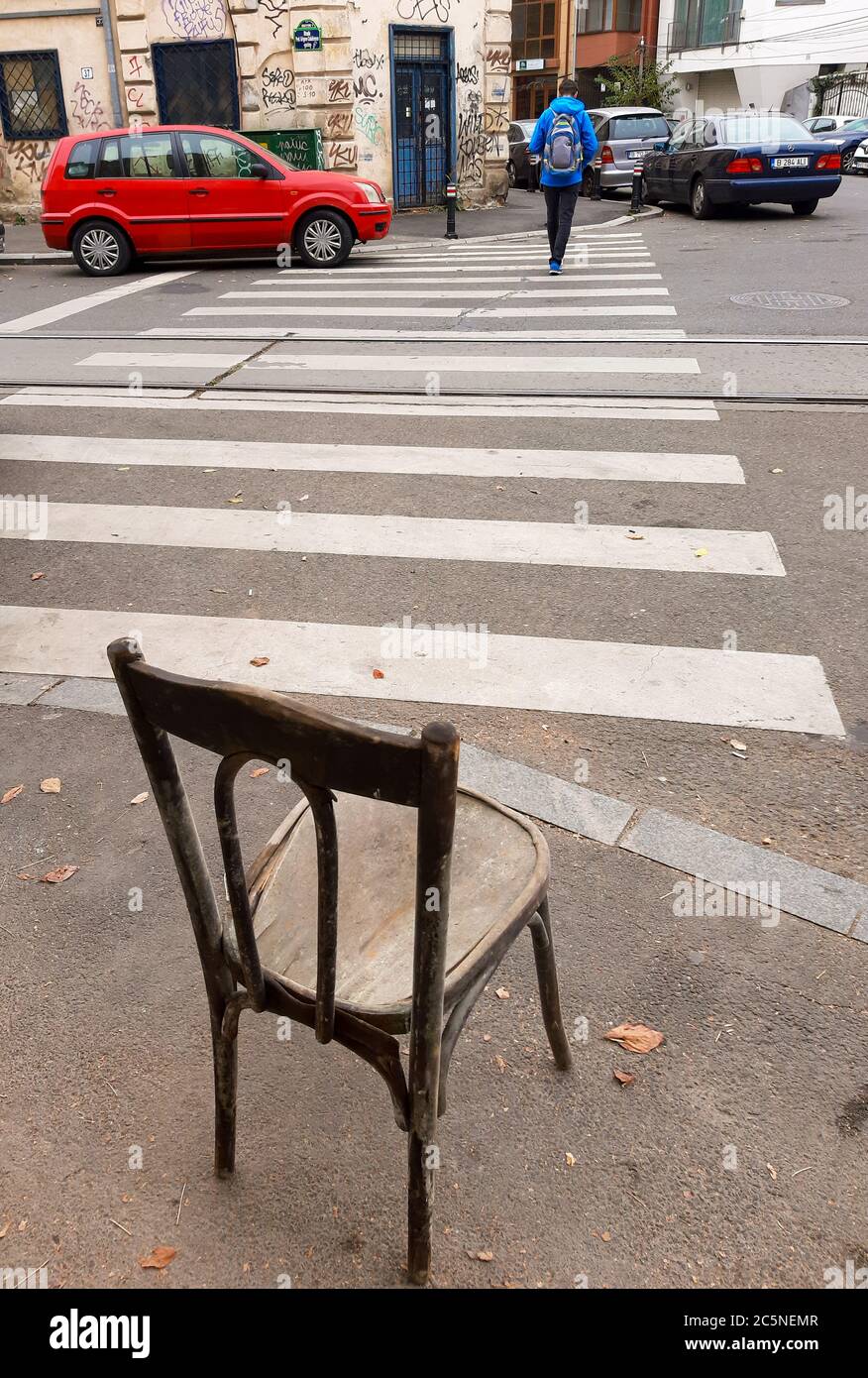 Bucharest, Romania - October 24, 2019: An old chair that no one is ...