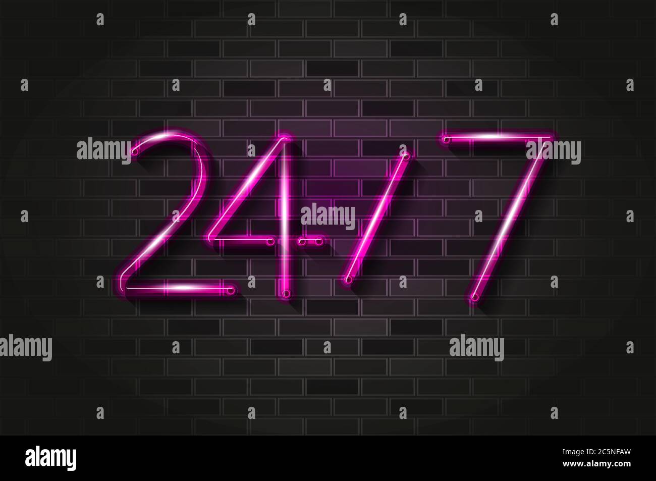 24 hours, 7 days glowing neon sign or glass tube. Realistic vector ...