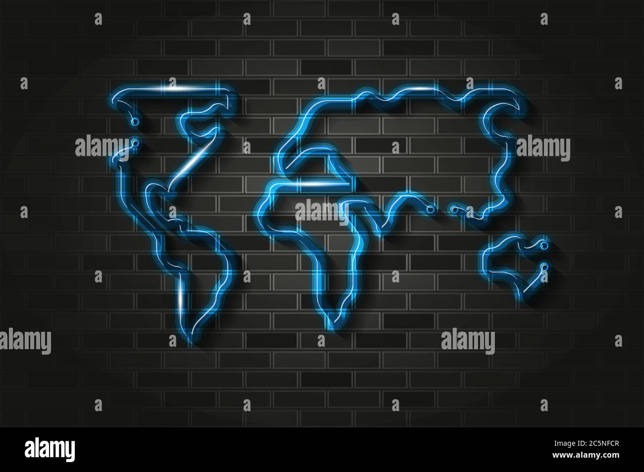 World map glowing neon sign or glass tube. Realistic vector ...