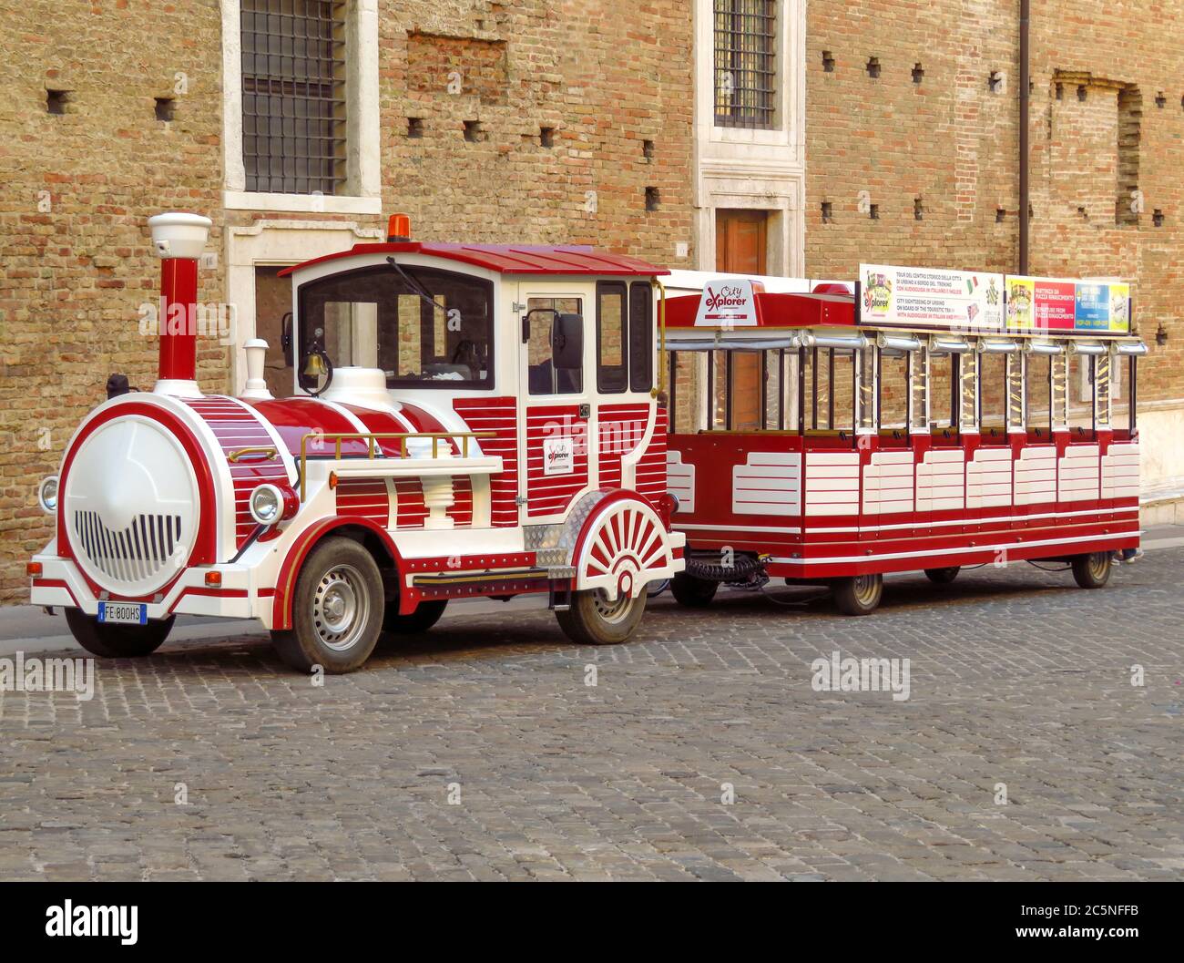 Urbino, Italy - June 24, 2017: Funny steam locomotive with train cars ...