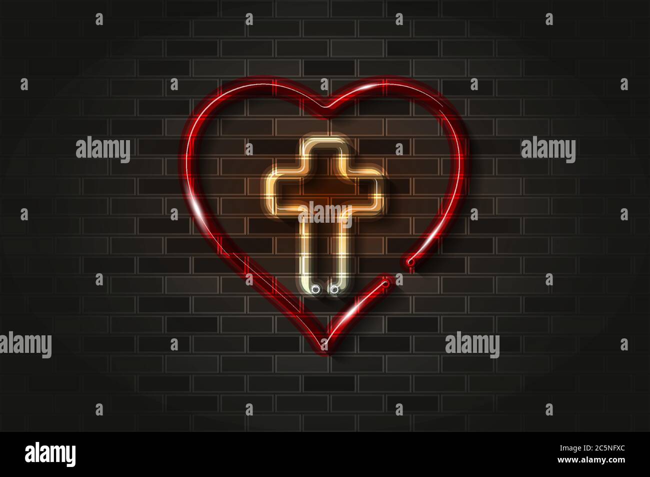 Cross and heart, Jesus in the heart glowing neon sign or glass tube ...