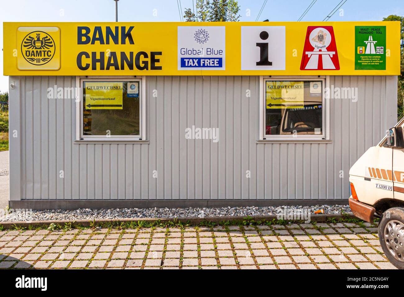 Money exchange office in container at Border, Austria Stock Photo - Alamy