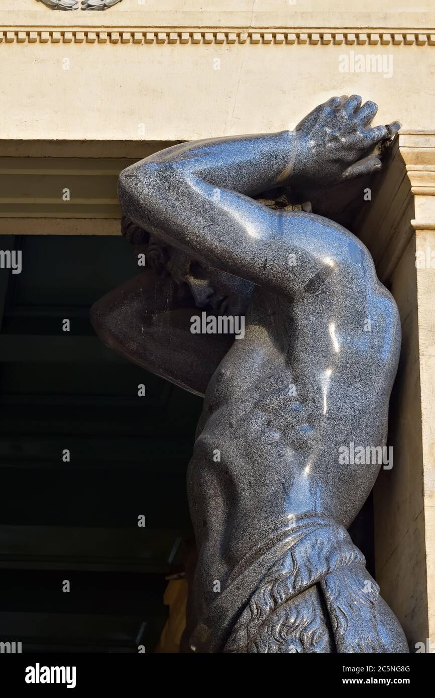 Atlas (atlant) granite sculpture of a man supporting column of Winter ...