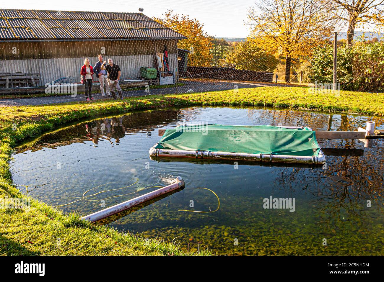 Tour of the premises of the fish farm in Bärnau, Germany. The fish in ...