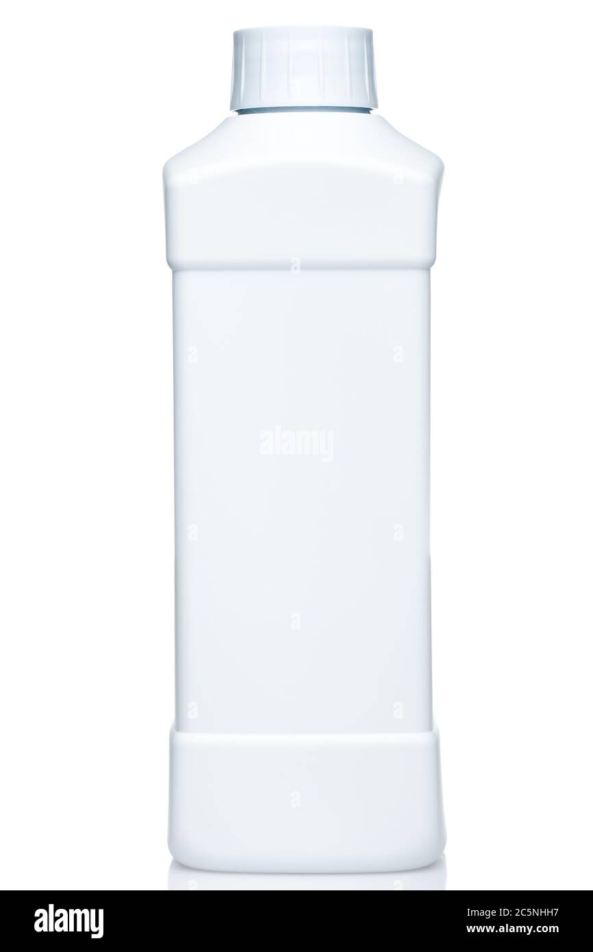 A white plastic square-shaped bottle with a round cap is isolated on a ...