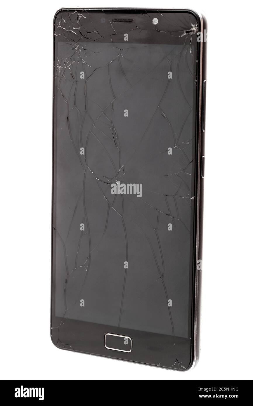 Broken glass of smartphone screen with a crashed display from shock ...