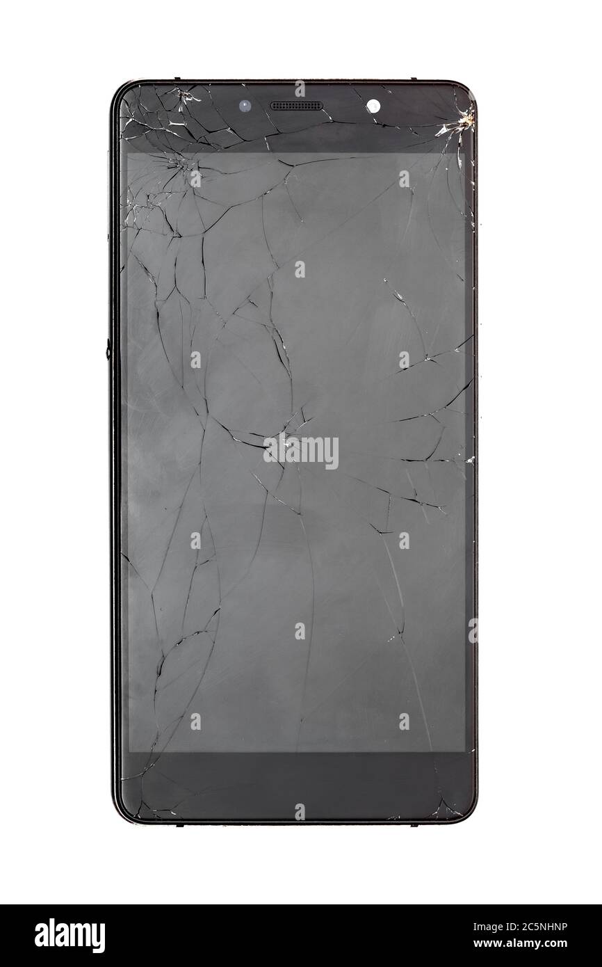 Front view of a smartphone with a broken screen, a cellular phone with ...
