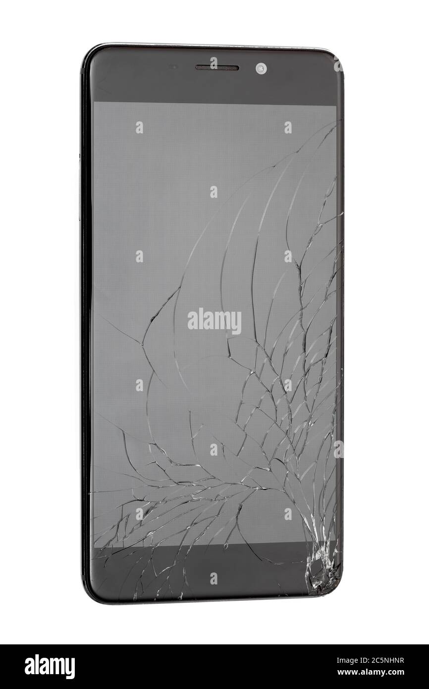 smartphone with a broken display from shock, Isolated on a white ...