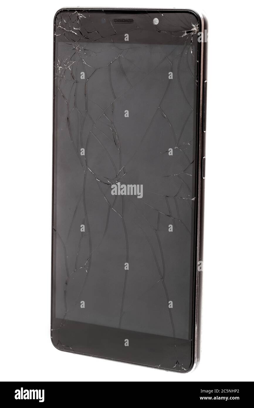 Broken glass of smartphone screen with a crashed display from shock ...
