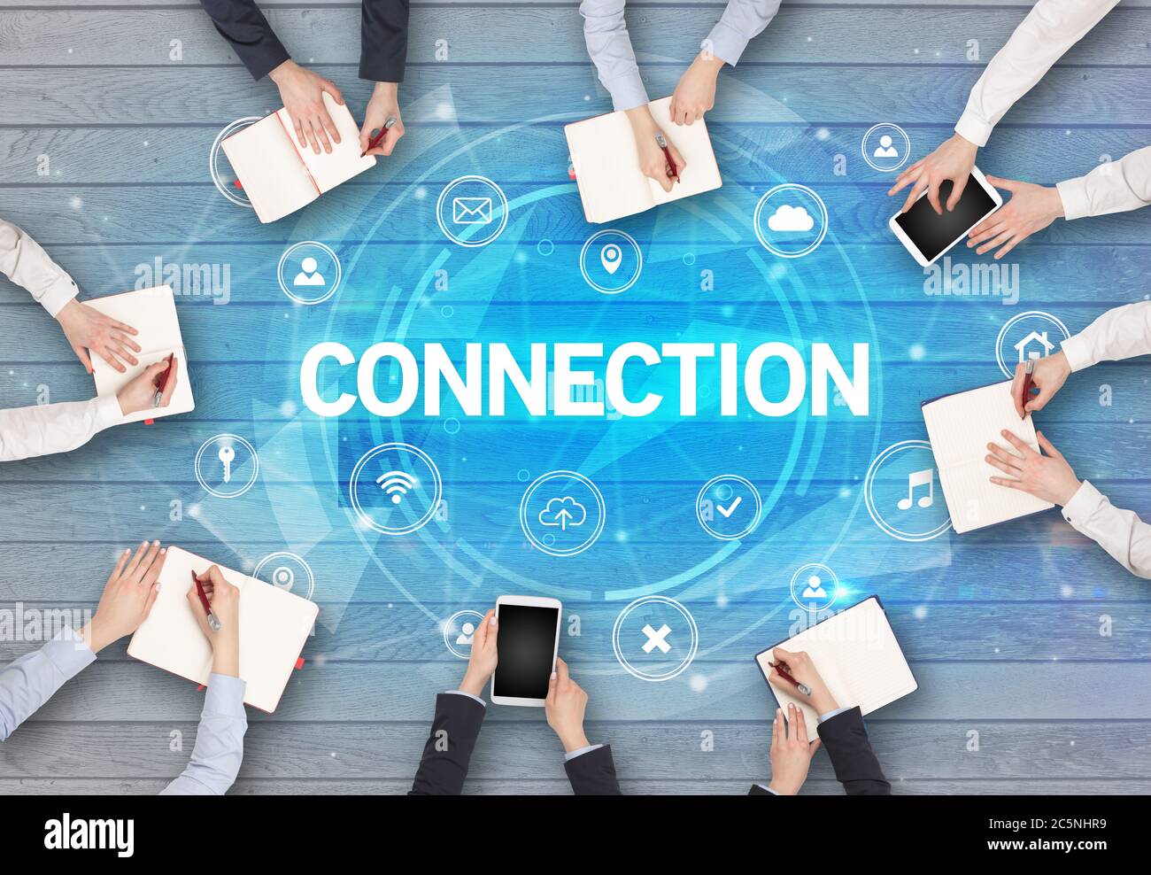 Group of people having a meeting with CONNECTION insciption, social ...