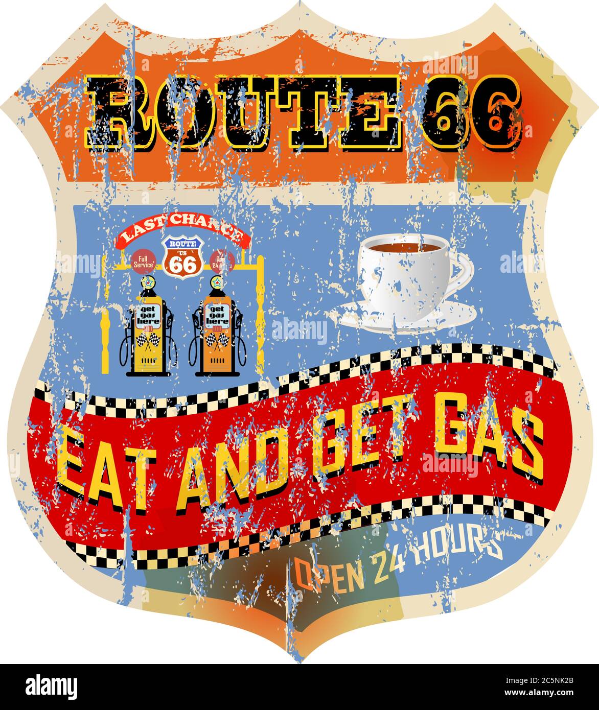 vintage route 66 gas sation sign, retro style vector illustration ...