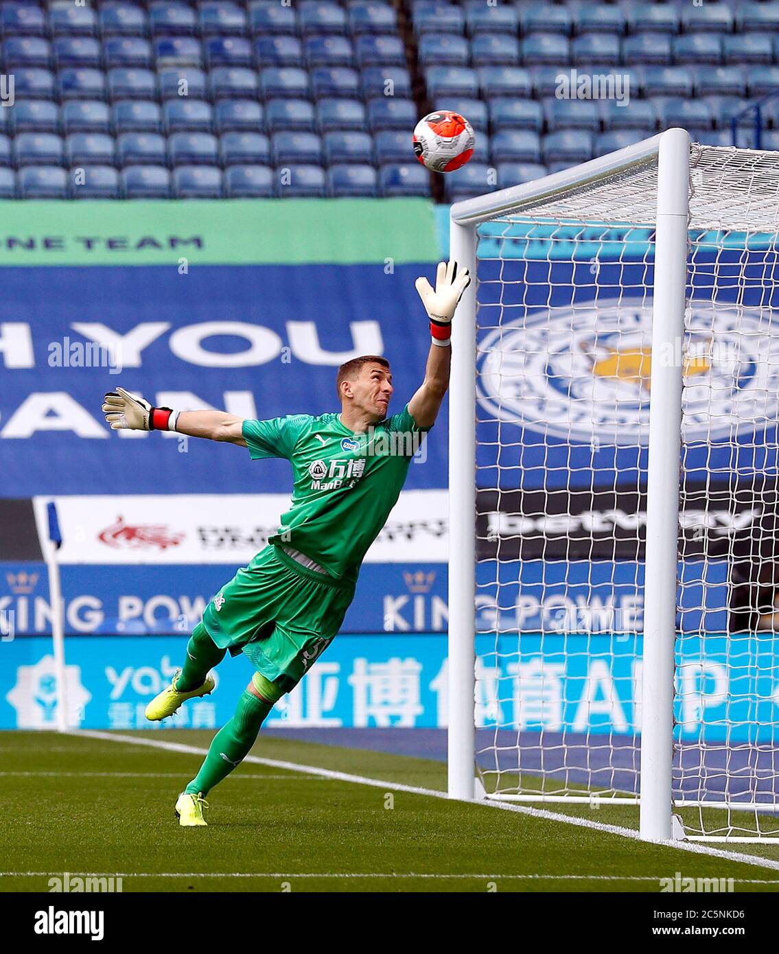 Crystal Palace goalkeeper Vicente Guaita looks on as a shot hits the ...