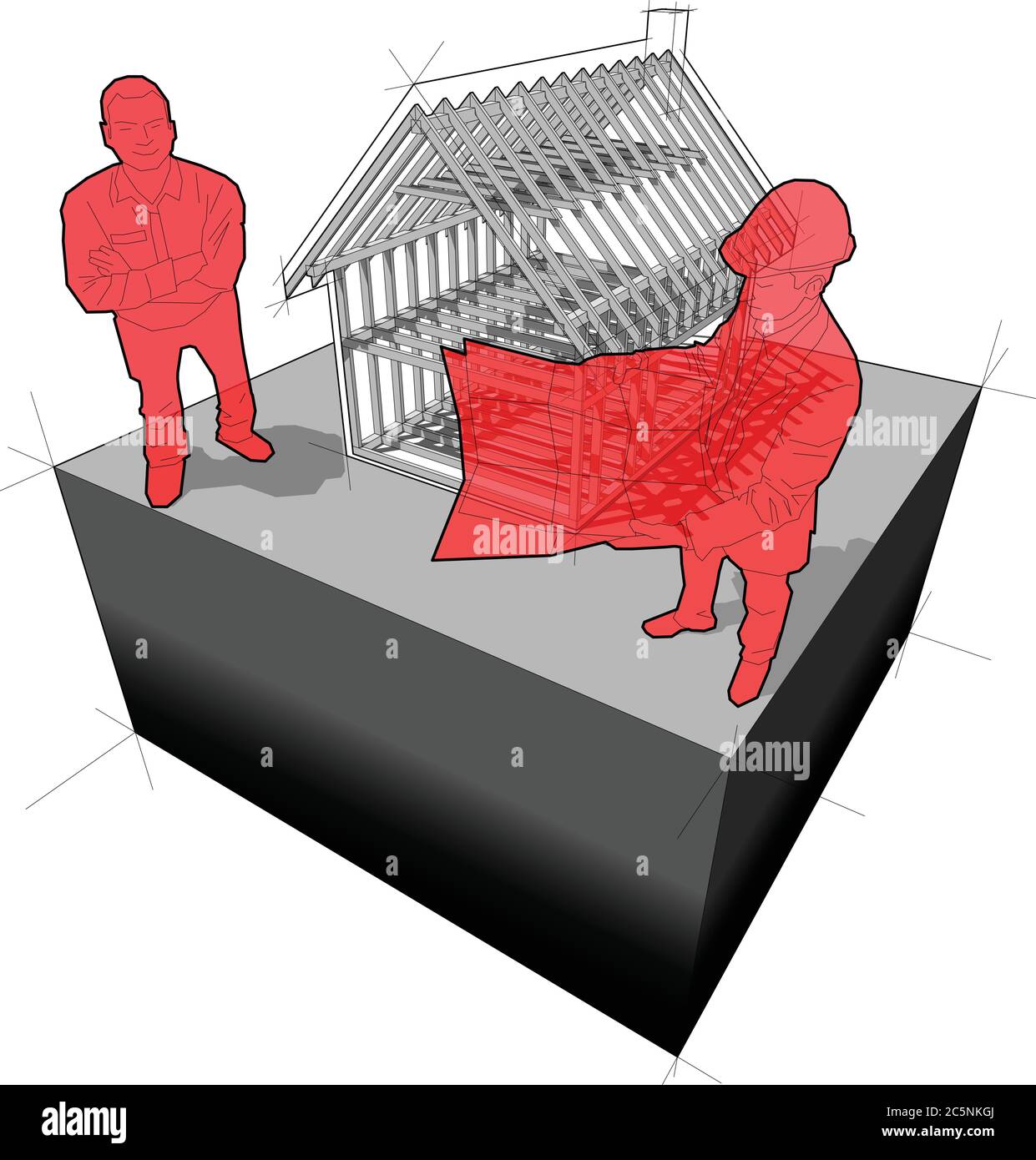 diagram of wooden framework construction of a simple detached house ...