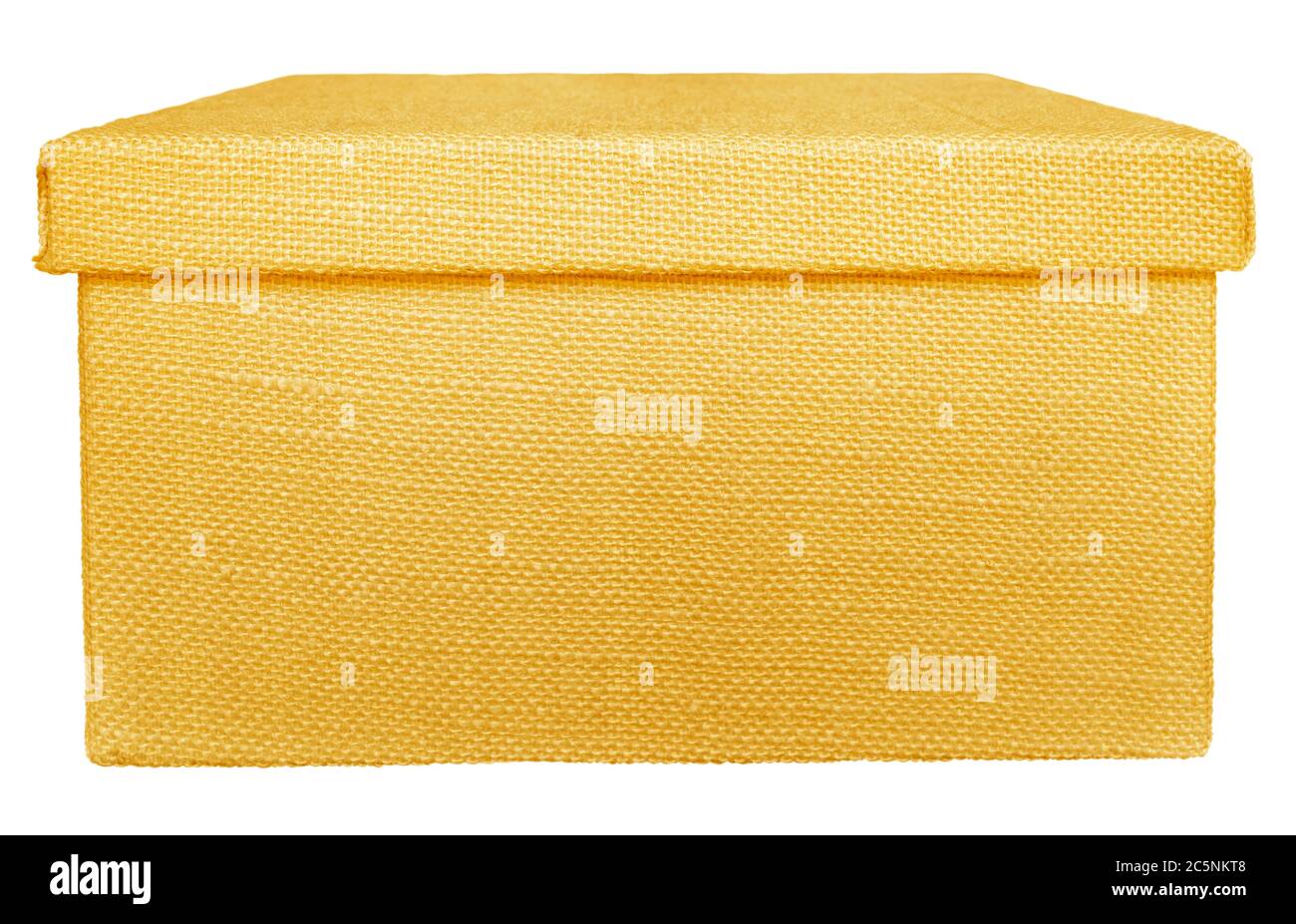 Closed yellow box wrapped by burlap canvas isolated on a white ...