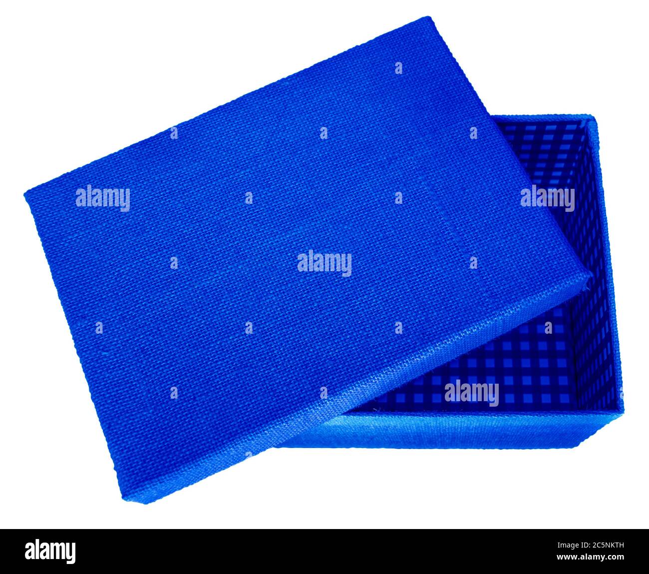 Opened dark blue box wrapped by burlap canvas isolated on a white ...