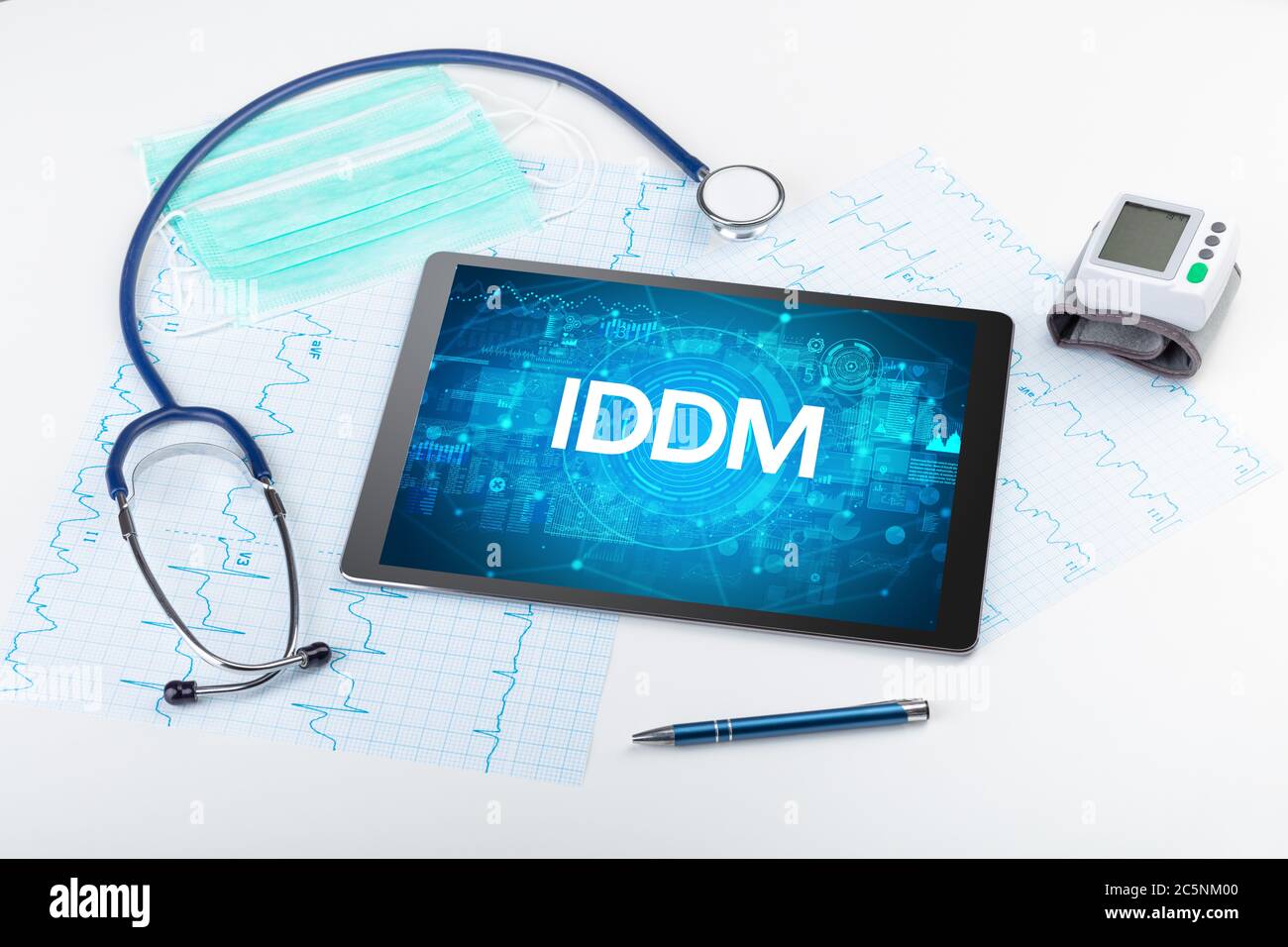 Close-up view of a tablet pc with IDDM abbreviation, medical concept ...