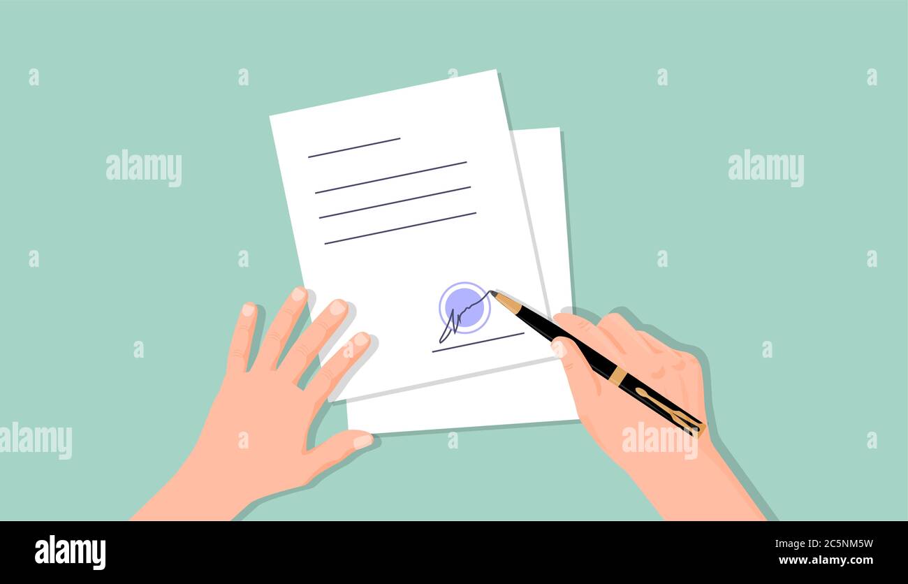 Hands put signature on document. Document work agreement officially ...