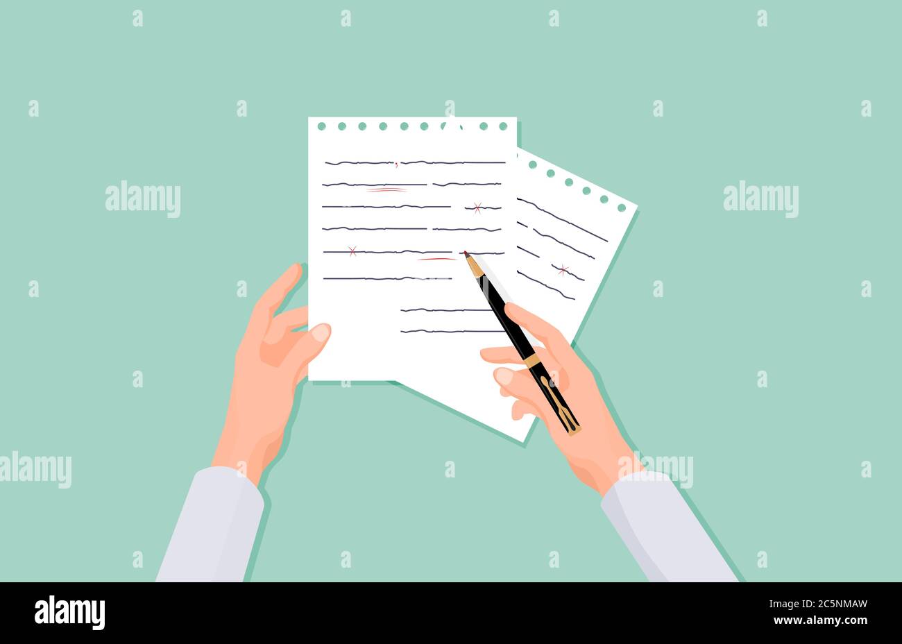 Hands with pen correct errors in text. Verification and reference of ...