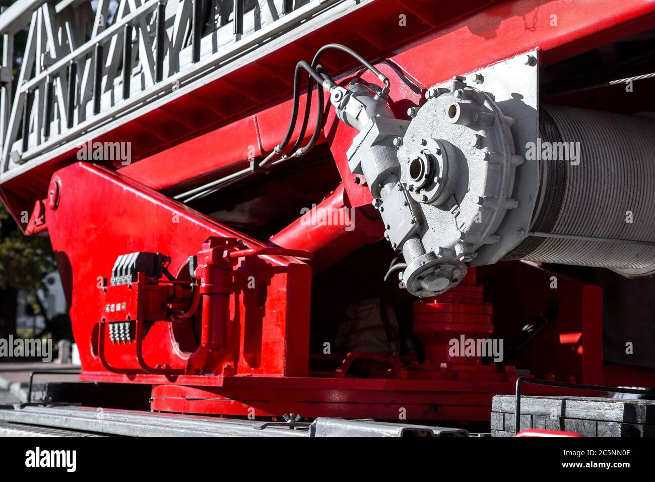 hydraulic system fire engine ladder close up red fire car Stock Photo ...