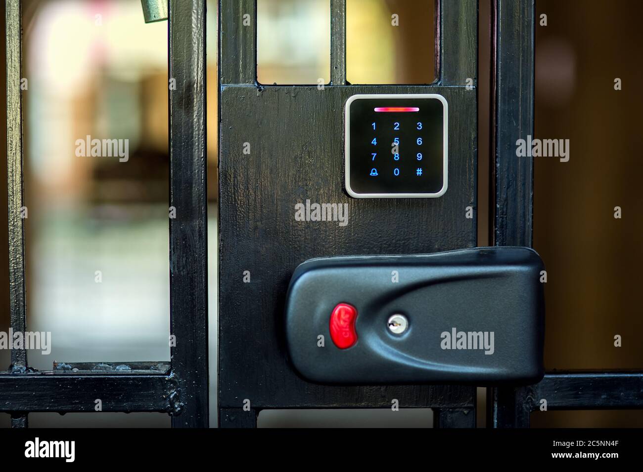 A security lock on an iron gate with a touch panel for access by an ...