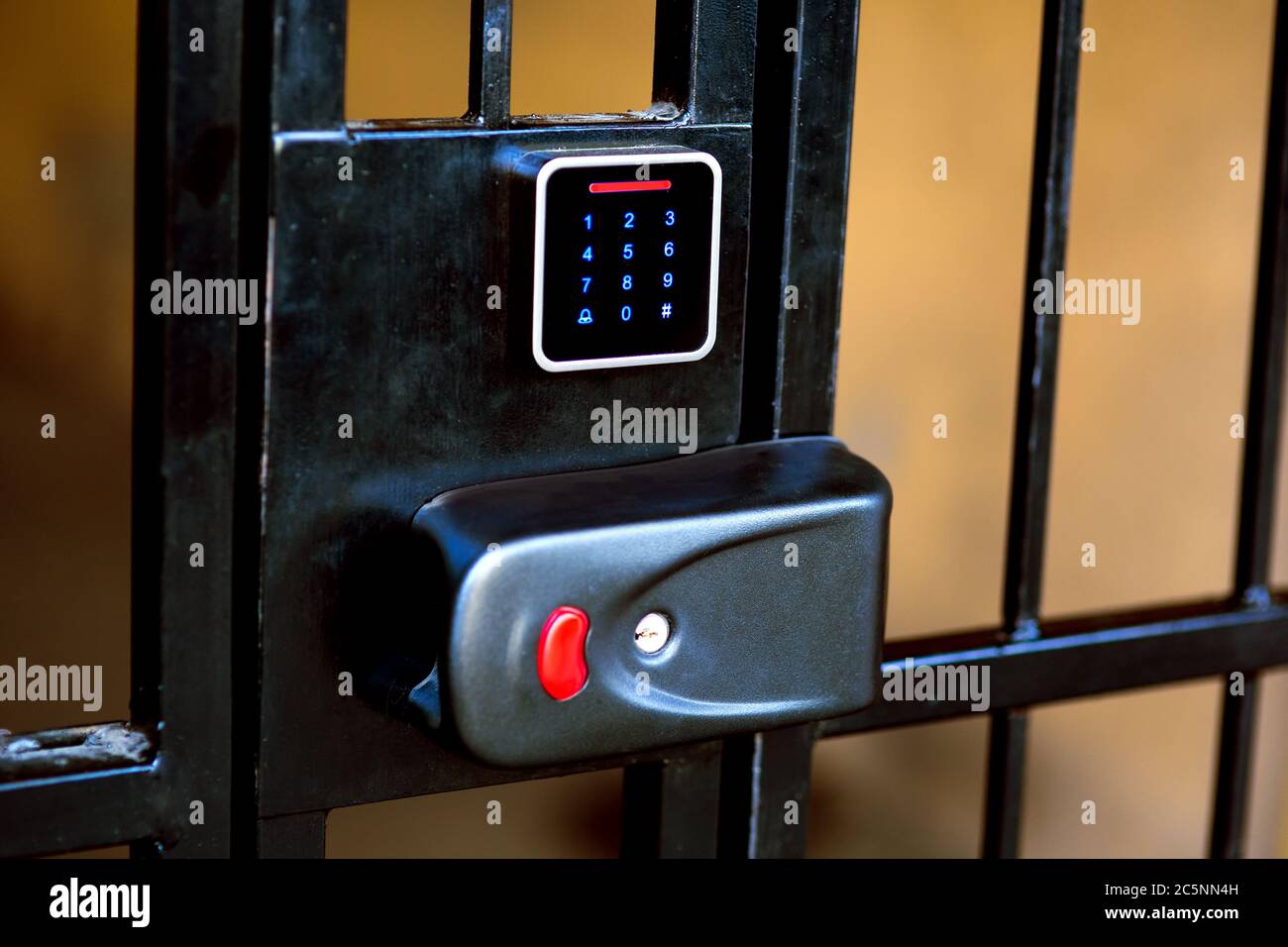 The lock on the iron gate with a hole for the key and a touch panel for ...
