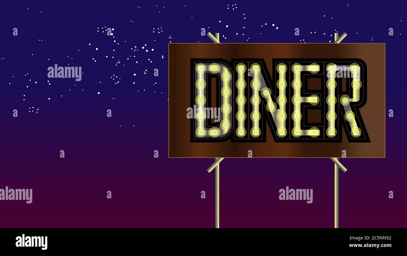 Illuminated Retro diner sign with light bulbs at night, vector ...