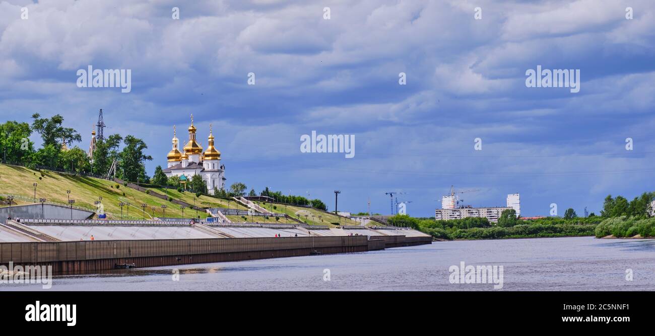 Cityscape. Tyumen, Russia. View of Tura river, embankment and Holy ...