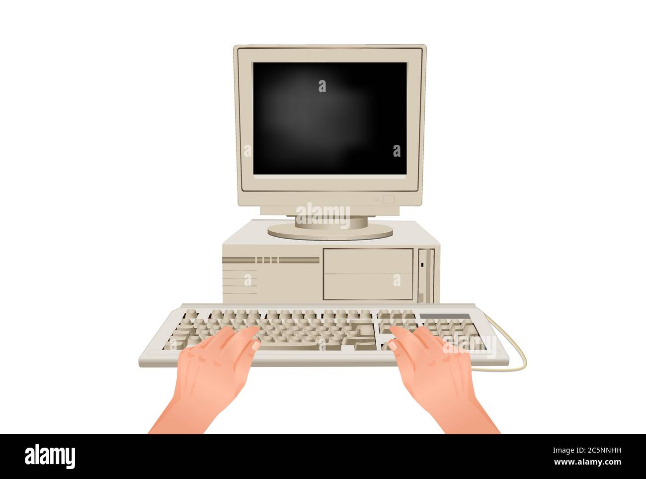 Hands are typing on computer keyboard. Online workplace behind retro pc ...