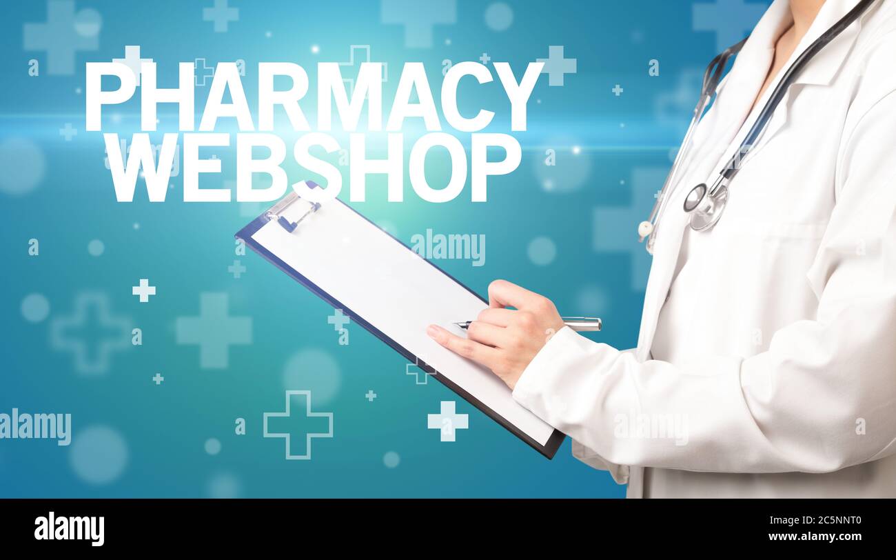 doctor writes notes on the clipboard with PHARMACY WEBSHOP inscription ...
