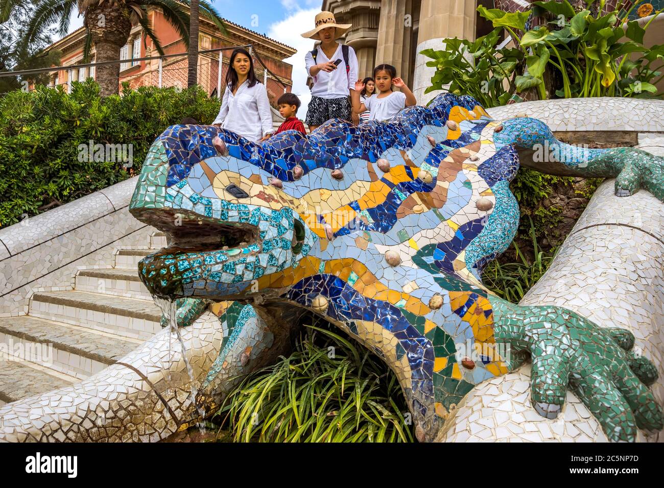 BARCELONA, SPAIN - JULY 3, 2016: Lizard of Gaudi mosaic in park Guell ...