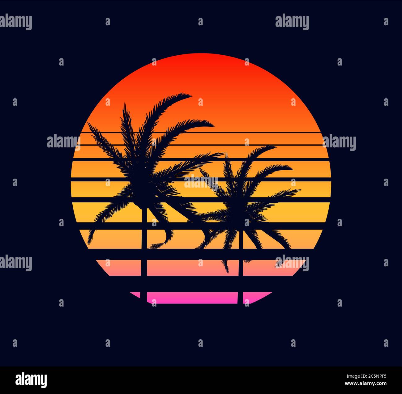 Retro sunset yellow red. Rays evening setting sun two palm trees ...