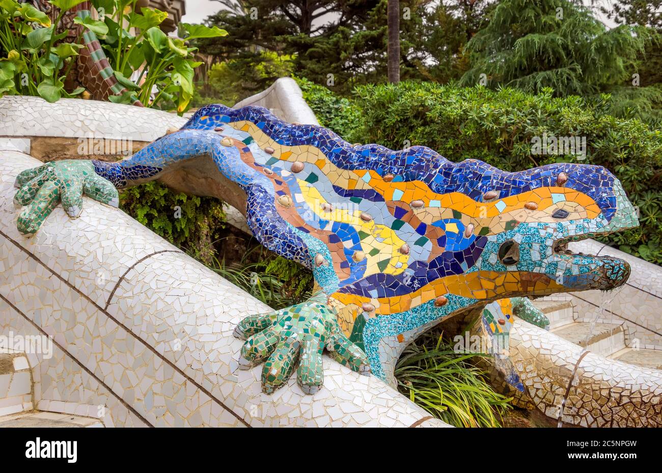 BARCELONA, SPAIN - JULY 3, 2016: Lizard of Gaudi mosaic in park Guell ...