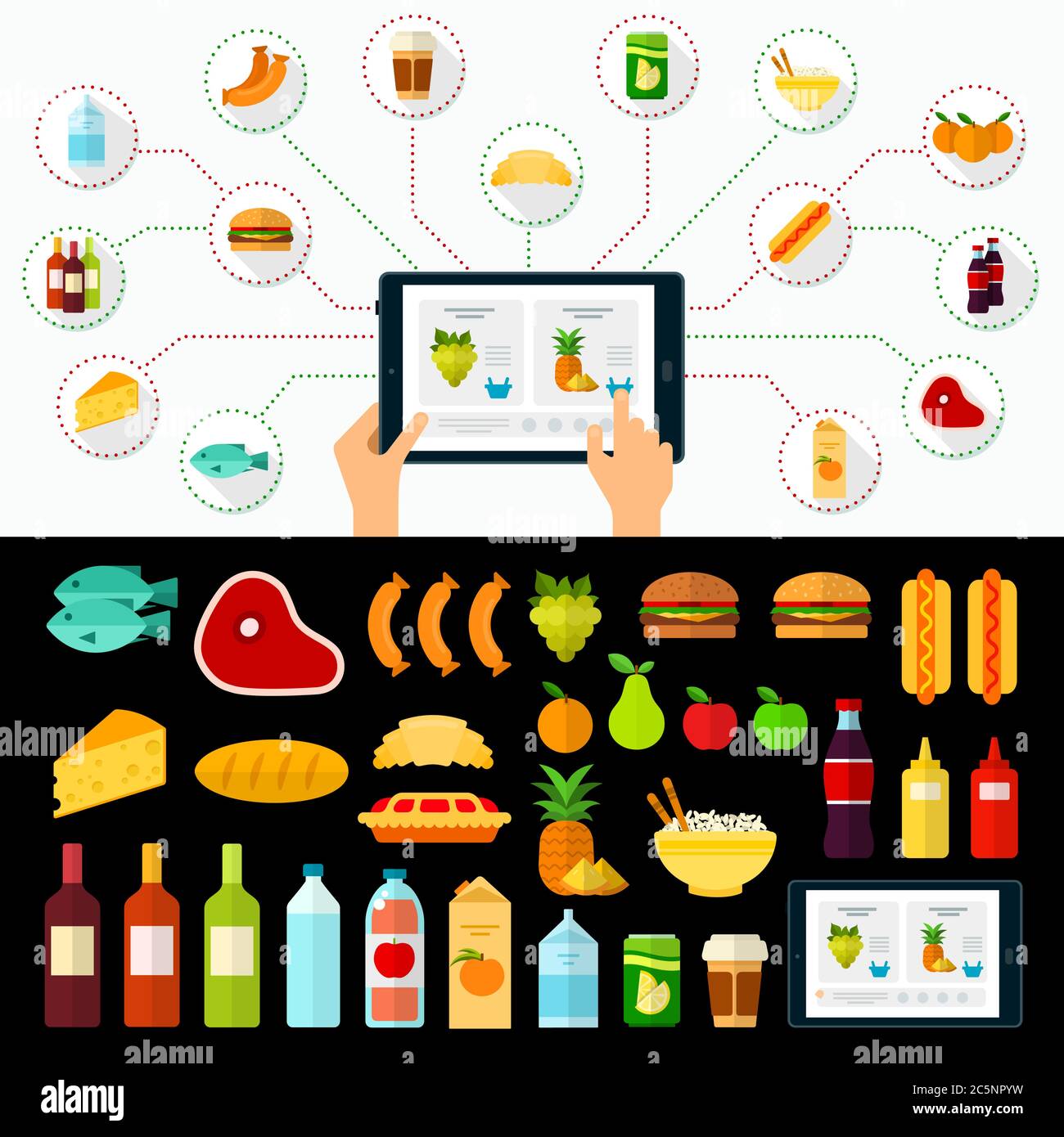 Selection And Ordering Food At Home Via Mobile Application Vector Set Illustration Stock Vector
