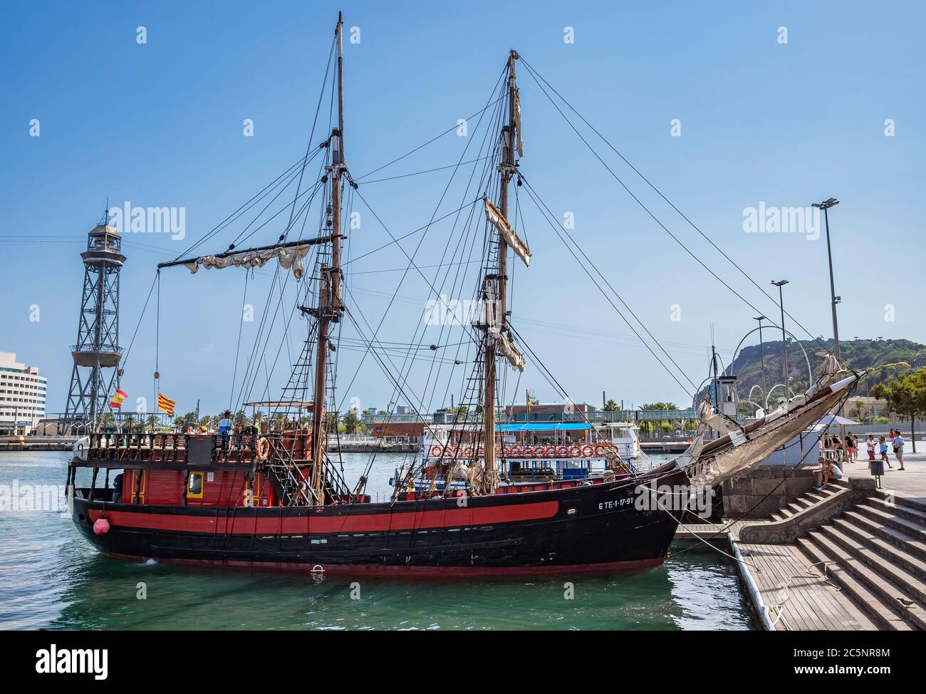 BARCELONA, SPAIN - JULY 4, 2016: Old sailing ship moored at Port Vell ...